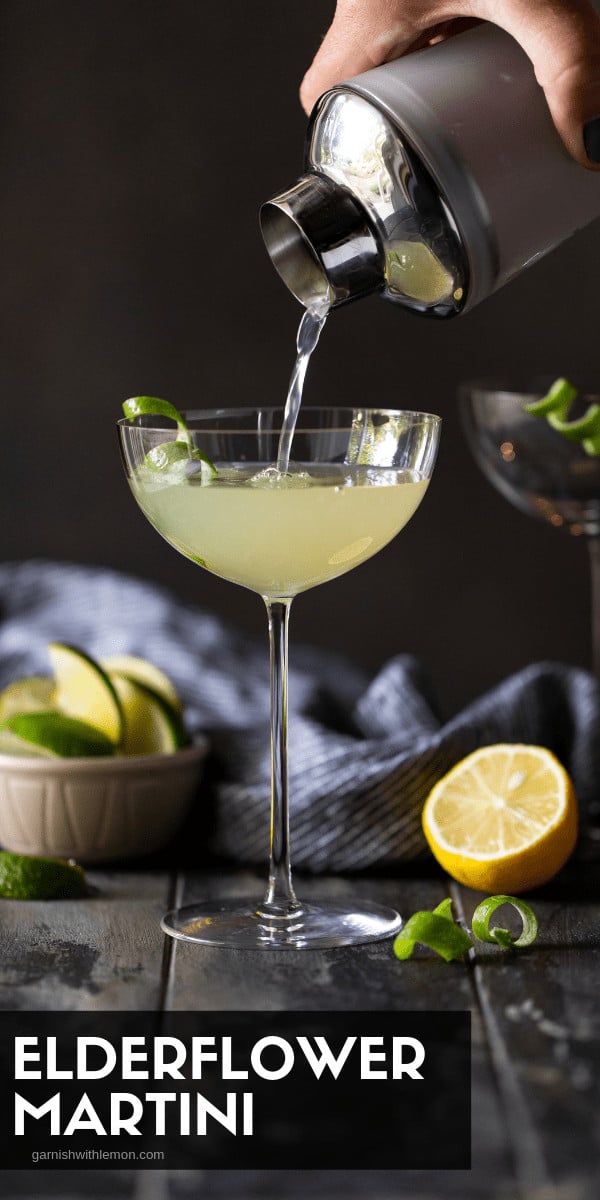 Easy Elderflower Martini Recipe with Vodka & Gin - Garnish with Lemon