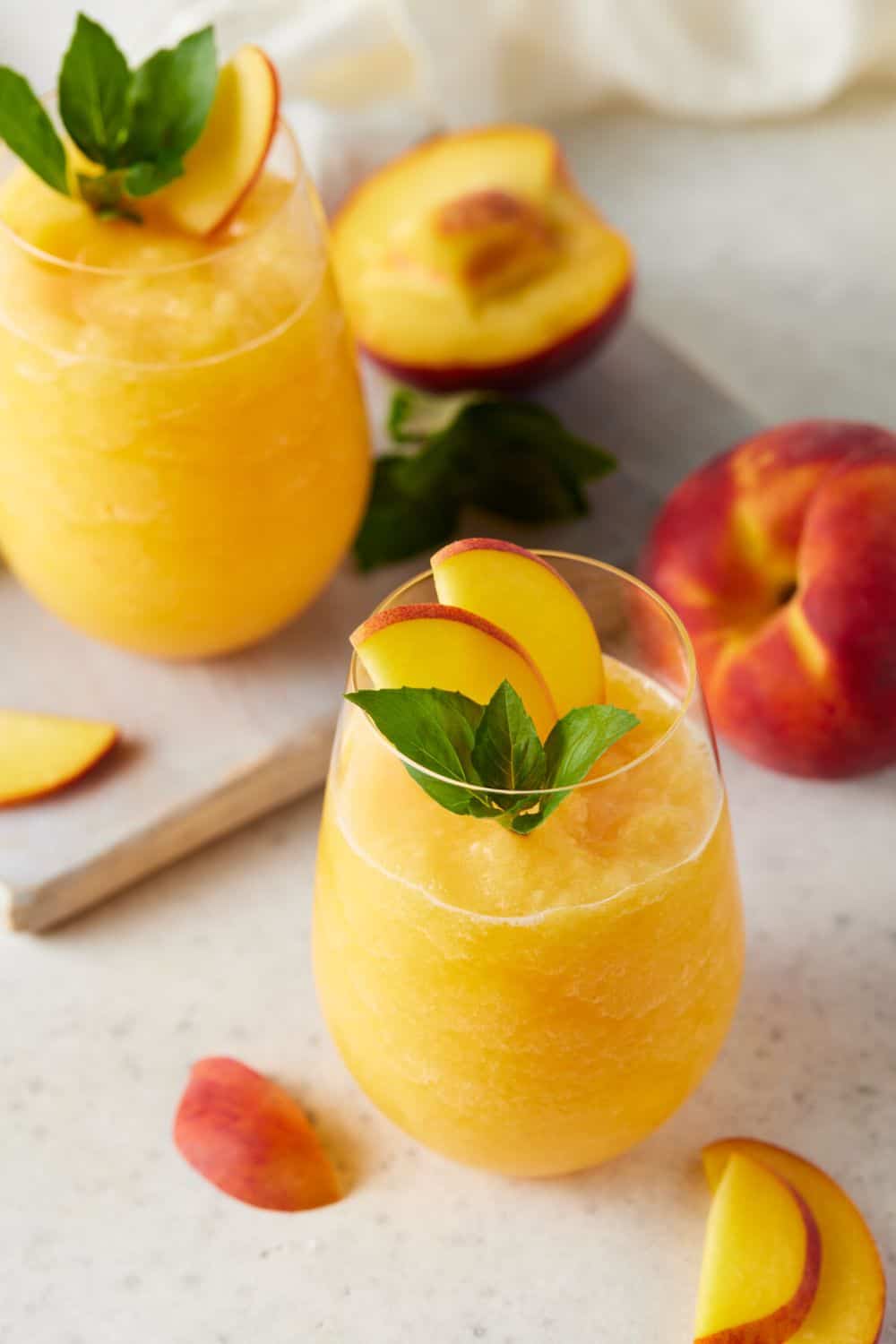 Peach Wine Slushies - Garnish with Lemon