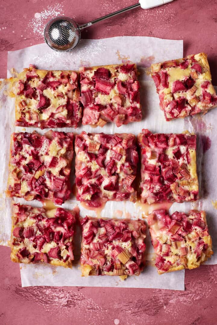 Easy Rhubarb Bars (only a handful of ingredients) - Garnish with Lemon